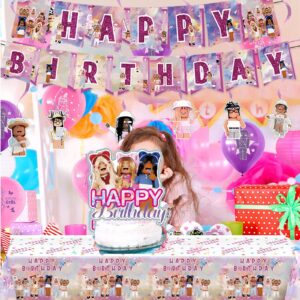 Pink Girl Robot Blocks Party Birthday Supplies, Robot Girls Game Party Tableware with Happy Birthday Banner, tablecloth, Disposable Paper Plates with Napkins for Kids Party Supplies Decorations