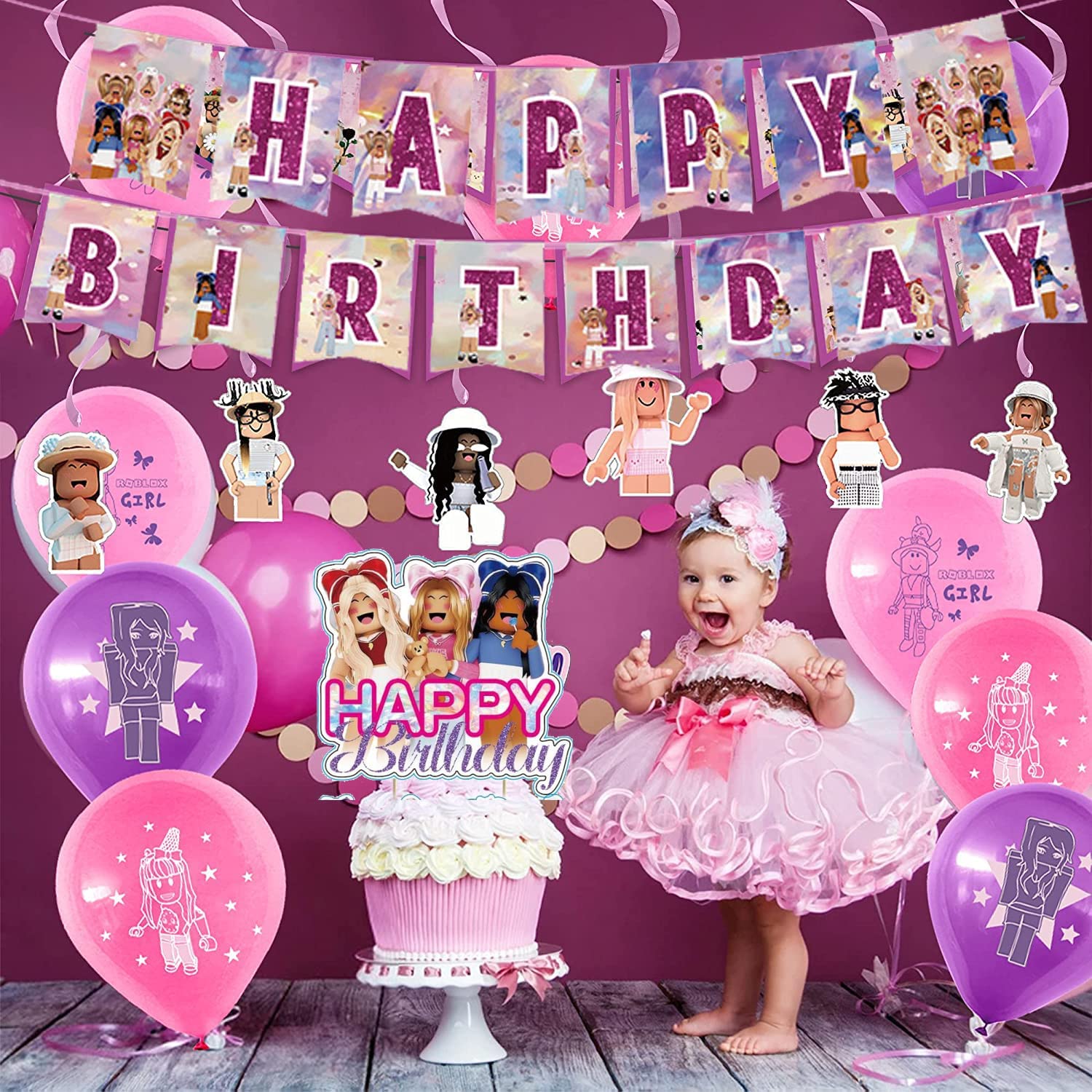 Pink Girl Robot Blocks Party Birthday Supplies, Robot Girls Game Party Tableware with Happy Birthday Banner, tablecloth, Disposable Paper Plates with Napkins for Kids Party Supplies Decorations