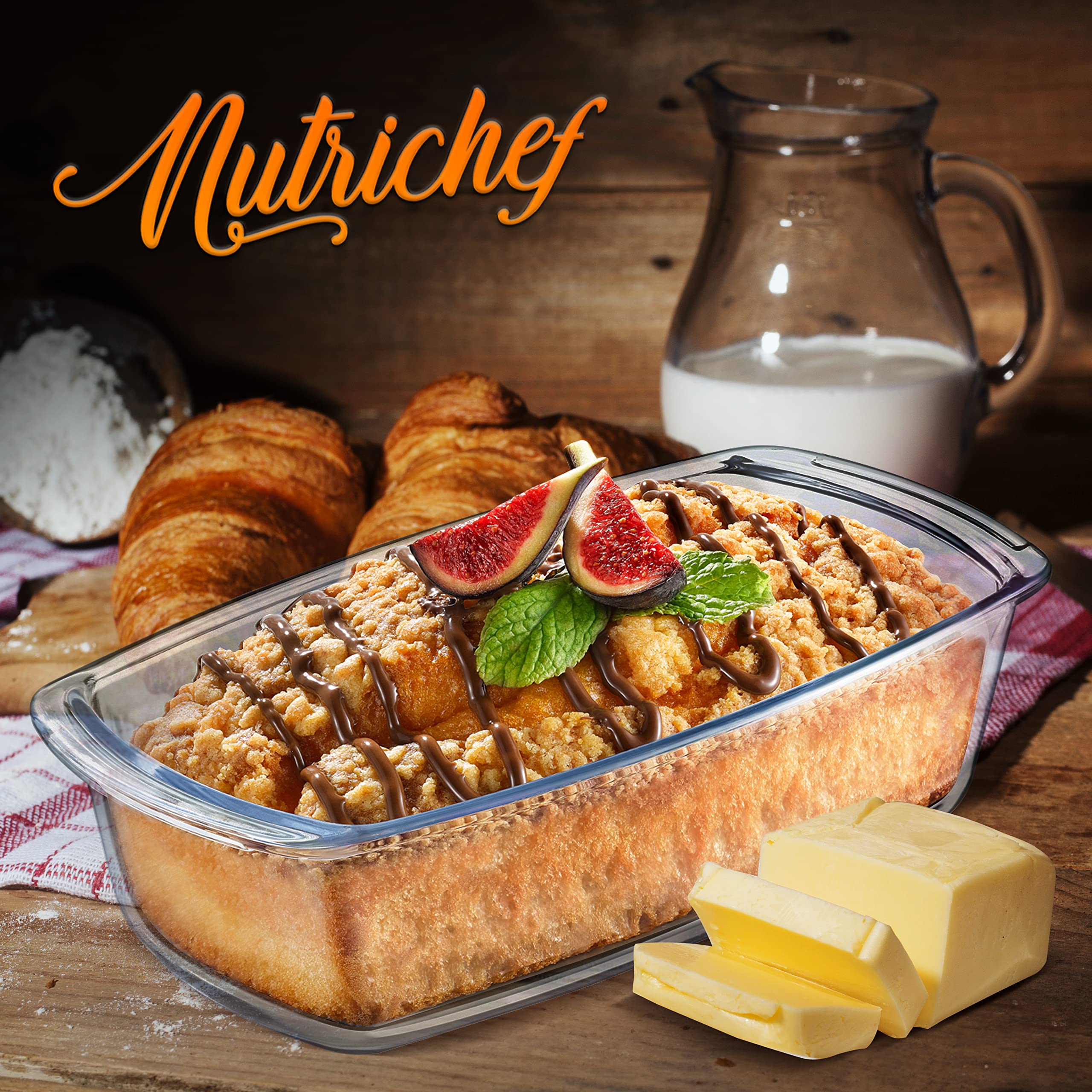 NutriChef 2-Piece Glass Loaf Pan Set, 1.9-QT Stackable Tempered Glass Bread Pans w/Airtight BPA-Free Lid - Dishwasher, Oven, Freezer, & Microwave Safe, 62oz Loaf Dish Set