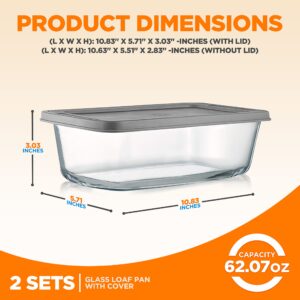 NutriChef 2-Piece Glass Loaf Pan Set, 1.9-QT Stackable Tempered Glass Bread Pans w/Airtight BPA-Free Lid - Dishwasher, Oven, Freezer, & Microwave Safe, 62oz Loaf Dish Set