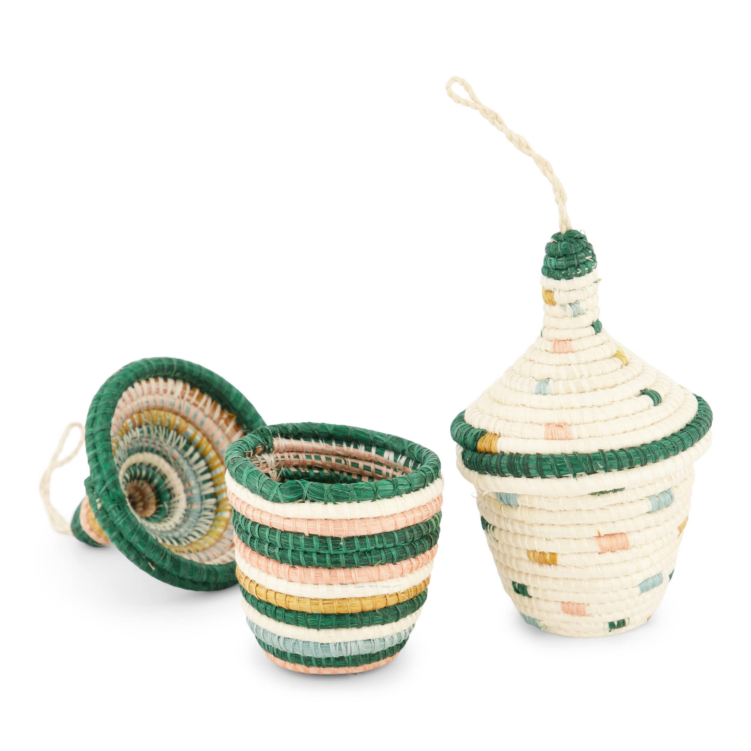 KAZI Small Mini Lidded Gift Basket Set, Artisan Made with Sisal, Eco-Friendly (Set of 2 Green Stripe)