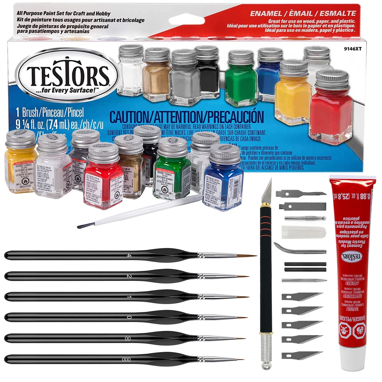 Testors Model Paint Enamel 10pc Paint Set, Testors Cement Plastic Model Glue Adhesive, Pixiss 6 Fine Detail Miniatures Paint Brushes, Pixiss Precision Crafting Knife with Extra Blades and Tips