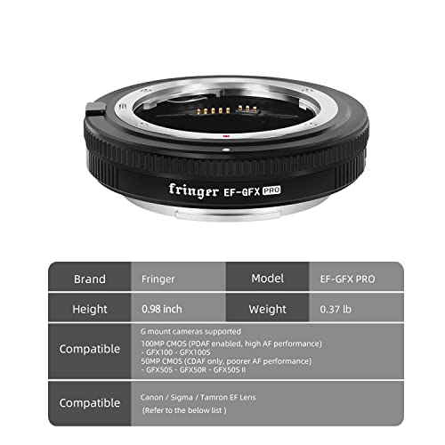 Fringer EF-GFX Pro Auto Focus Camera Mount, Lens Adapter Ring Compatible with Canon EF to Fuji GFX100/ GFX100S, Sigma, Tamron EF Lens