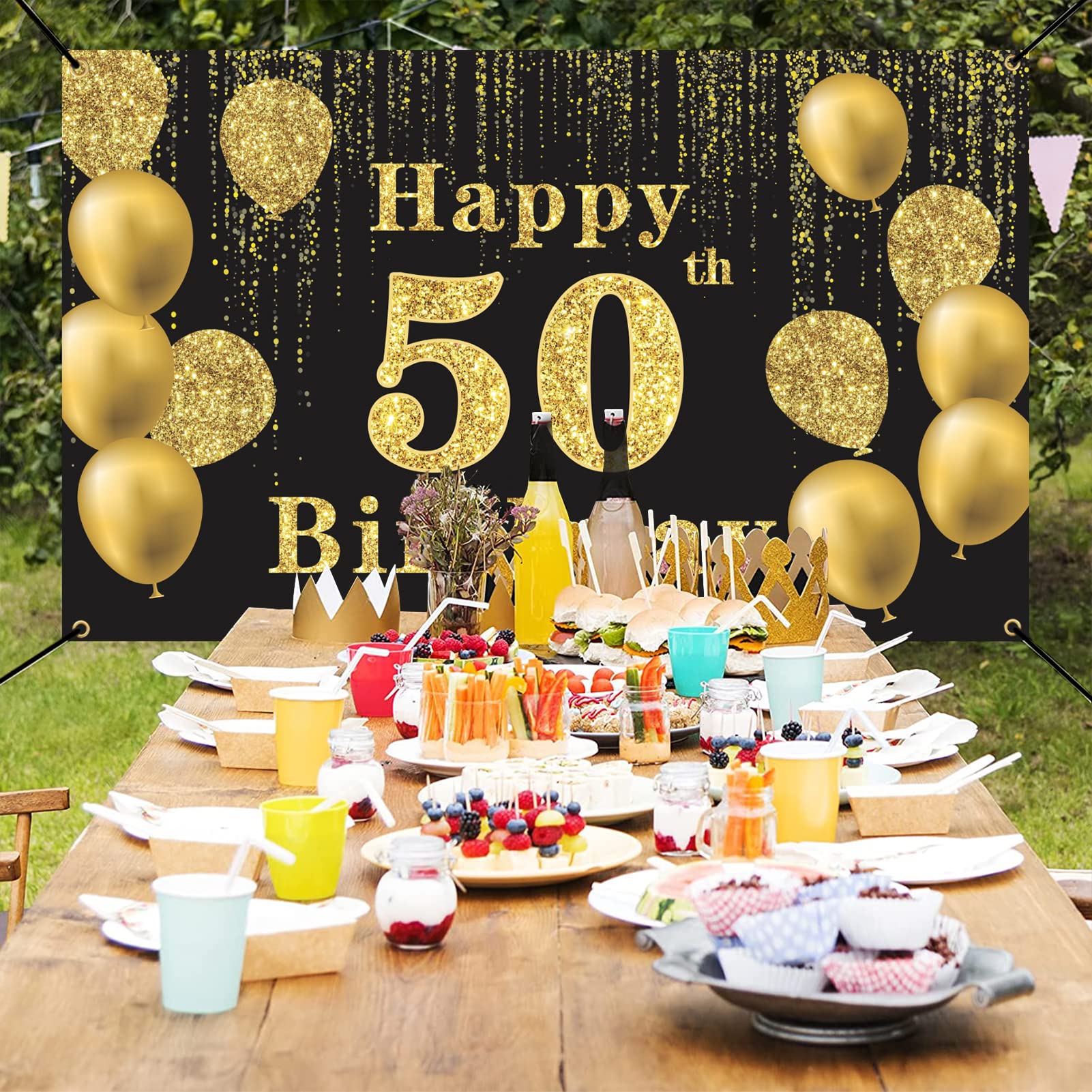 Crenics Happy 50th Birthday Backdrop Banner, Extra Large 50 Birthday Photo Background, Black Gold 50 Years Old Birthday Decorations Party Supplies for Men Women, 5.9 x 3.6 ft