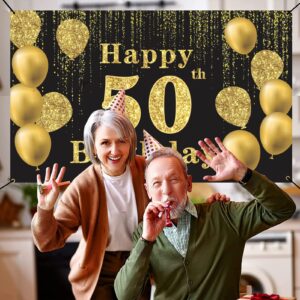 Crenics Happy 50th Birthday Backdrop Banner, Extra Large 50 Birthday Photo Background, Black Gold 50 Years Old Birthday Decorations Party Supplies for Men Women, 5.9 x 3.6 ft