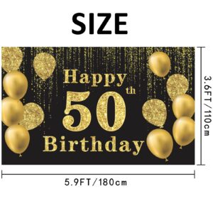 Crenics Happy 50th Birthday Backdrop Banner, Extra Large 50 Birthday Photo Background, Black Gold 50 Years Old Birthday Decorations Party Supplies for Men Women, 5.9 x 3.6 ft