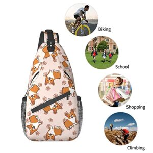 wzialfpo Cartoon Corgi Sling Bag Rope Crossbody Shoulder Bags Fashion Chest Daypack For Men Women Hiking Travel Runner Biking Climbing