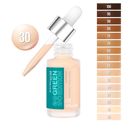 Maybelline Green Edition Superdrop Tinted Oil Base Makeup, Adjustable Natural Coverage Foundation Formulated With Jojoba & Marula Oil, 30, 1 Count