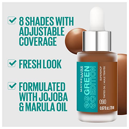 Maybelline Green Edition Superdrop Tinted Oil Base Makeup, Adjustable Natural Coverage Foundation Formulated With Jojoba & Marula Oil, 30, 1 Count