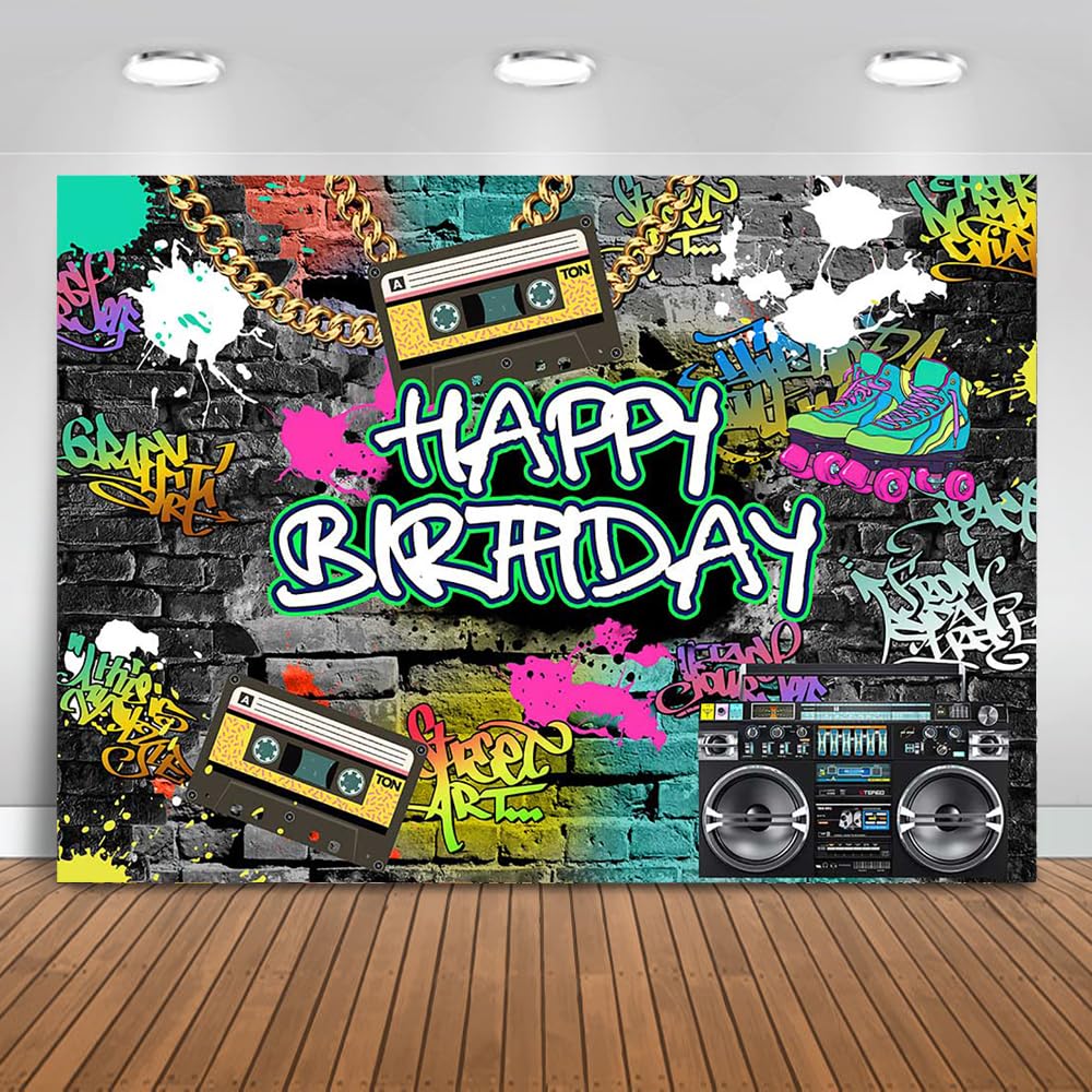 Mocsicka Graffiti 80's 90's Birthday Backdrop Urban Retro Birthday Party Background 80's 90's Hip Hop Rock Birthday Party Cake Table Decoration Banner Photo Booth Props (10x7ft)