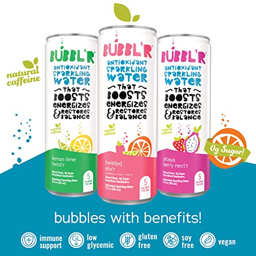 BUBBL'R Sparkling Water, 3 Flavors with Natural Caffeine, Antioxidants, 0 Sugar - 12 Fl Oz Cans, 12 Count