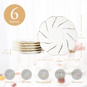 DUJUST 6 pcs Porcelain Tea Saucers, 6 inch, Luxury British Style Tea/Coffee Cup Saucers with Golden Trim, Beautiful Porcelain Tea Saucers for Living Room Decor, Tea Party Set, Gift Package - White