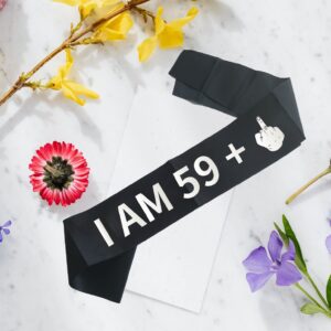 Joyiou “I AM 59+1” Sash, 60th Birthday Sash with Silver Foil, Soft Black Satin Sash for Women and Men, Sixty Birthday Party Supplies Decorations Favors, 60 Years Old Birthday Funny Gifts