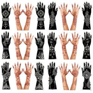 large henna tattoo stencil kit,12 sheets henna tattoo stickers for hand forearm glitter airbrush diy tattooing template, indian temporary tattoo stickers for women girls