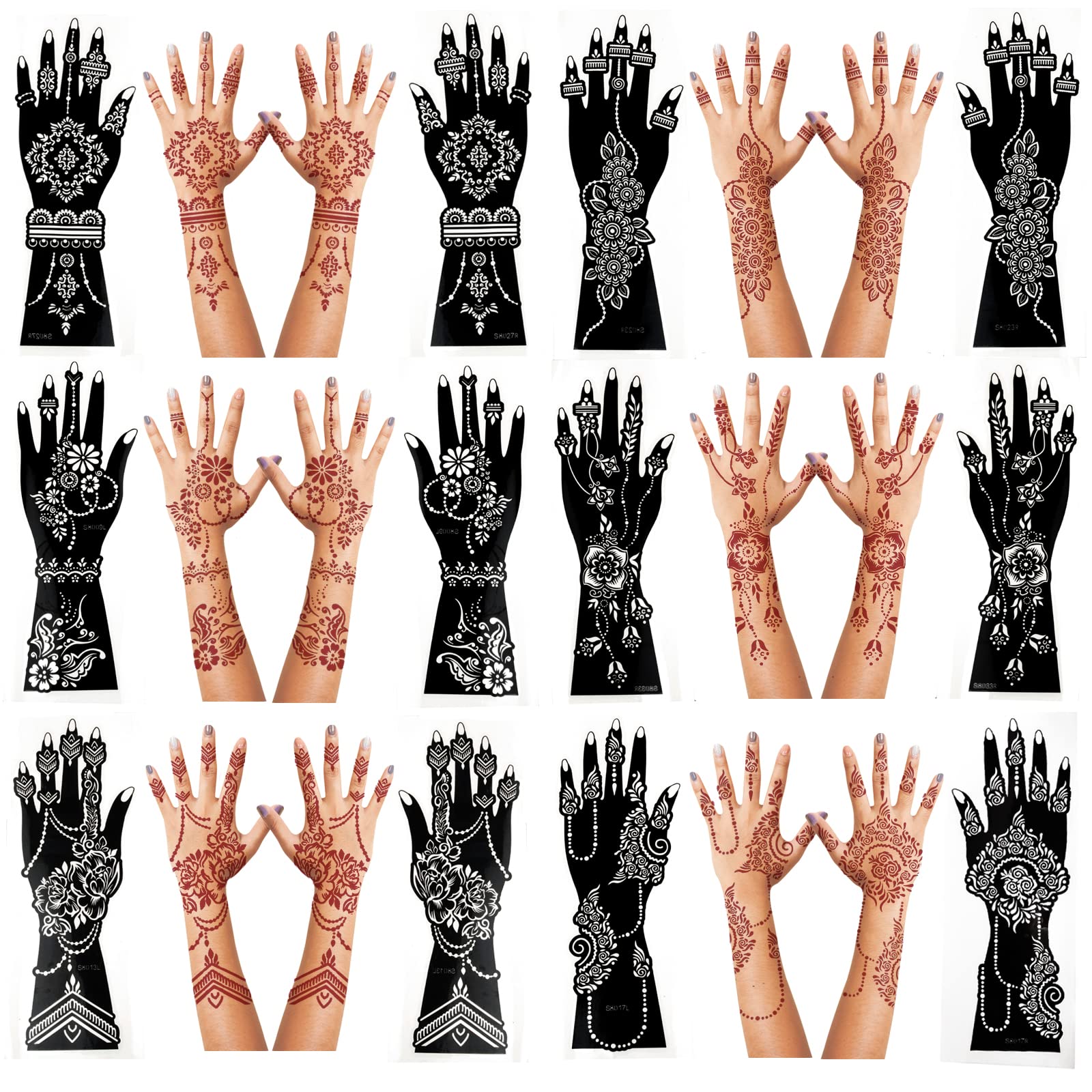 Large Henna Tattoo Stencil Kit,12 Sheets Henna Tattoo stickers for Hand Forearm Glitter Airbrush Diy Tattooing Template, Indian Temporary Tattoo Stickers for Women Girls