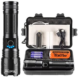 relybo flashlights high lumens rechargeable, led flashlight super bright 250000 lumens xhp70.2, high power tactical flashlight powerful, handheld flash light for camping, hiking, emergency