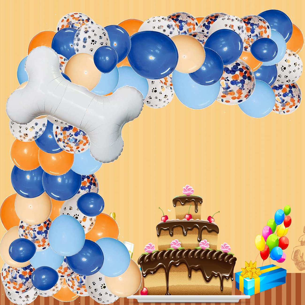 117Pack Theme Party Balloon Garland Kit, Blue and Orange Blush Dog Paw Balloon Arch with Bone Shaped Foil Balloons, Girl Boy Birthday Party Decorations