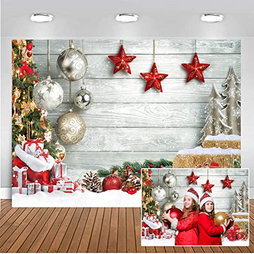 CHAIYA 8X6FT Christmas Backdrop White Wood Floor Photography Backdrop Winter Snow Christmas Balls Xmas Tree Gift Family Party Photo Background New Year Party Decoration CY194