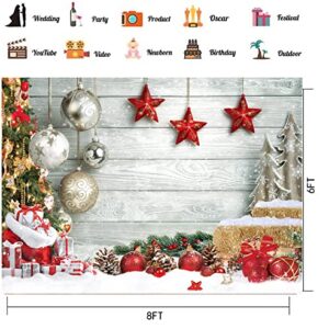 CHAIYA 8X6FT Christmas Backdrop White Wood Floor Photography Backdrop Winter Snow Christmas Balls Xmas Tree Gift Family Party Photo Background New Year Party Decoration CY194