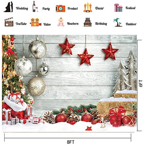 CHAIYA 8X6FT Christmas Backdrop White Wood Floor Photography Backdrop Winter Snow Christmas Balls Xmas Tree Gift Family Party Photo Background New Year Party Decoration CY194