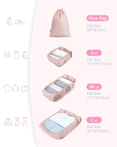 BAGSMART Keep Shape Packing Cubes, 7 Set Packing Cubes for Travel, Lightweight Travel Cubes for Packing, Suitcase Organizer Bags Set for Travel Essentials Baby Pink