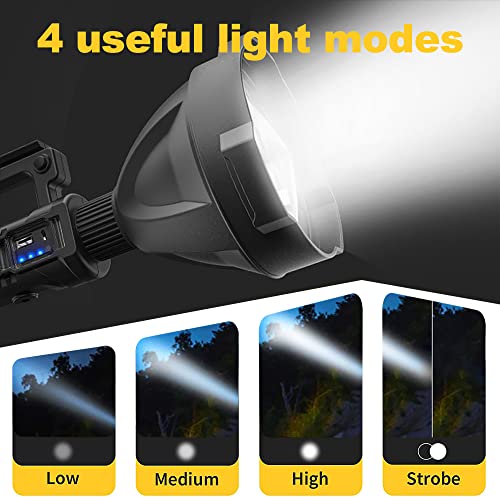 Rechargeable Spotlight Flashlights,LED Super Bright 90000 High Lumens Handheld Tactical Flashlight,4 Modes IPX5 Waterproof Large Searchlight for Camping,Fishing with USB Output and Foldable Tripod