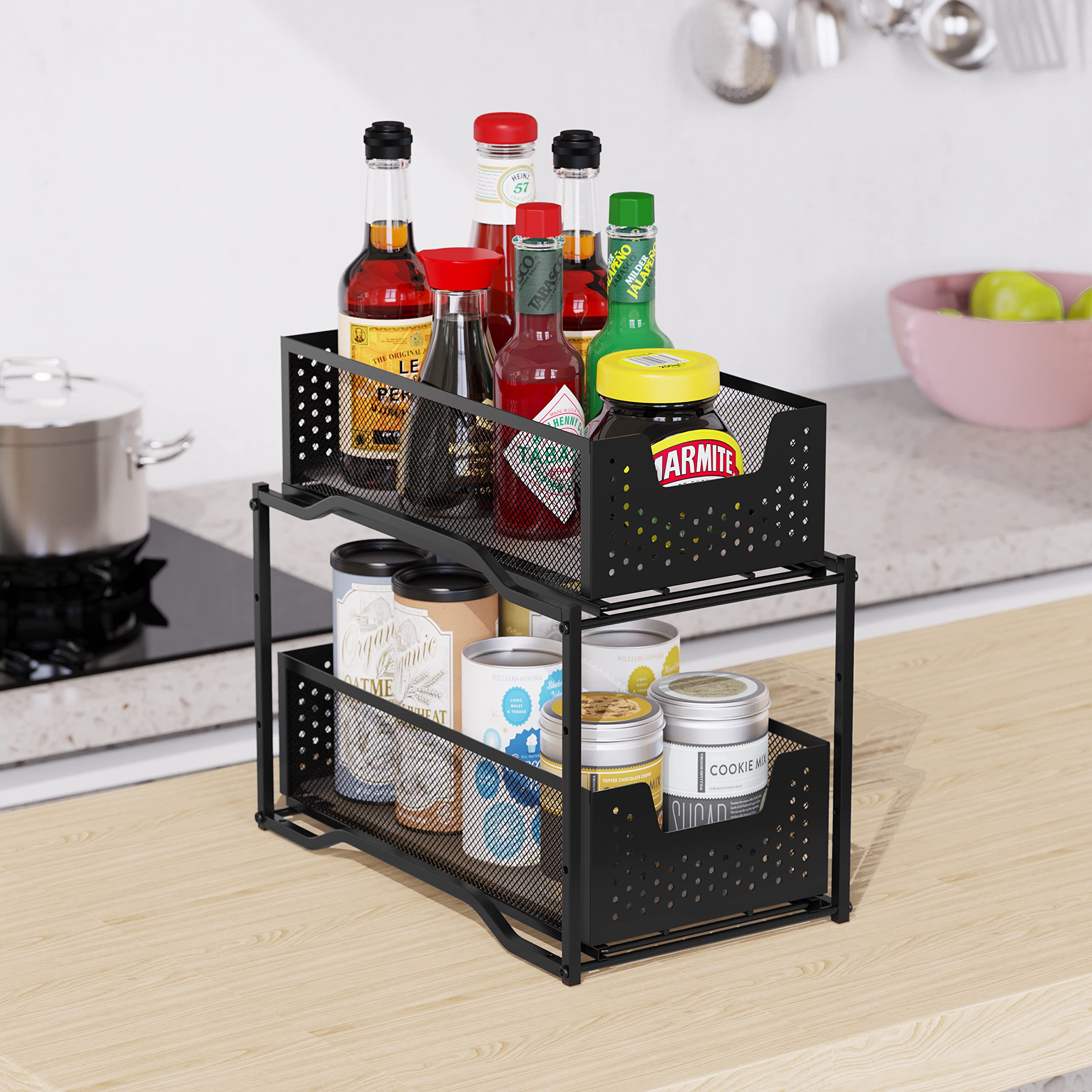 Simple Trending 2 Pack Stackable 2 Tier Under Sink Cabinet Organizer with Sliding Storage Drawer, Black