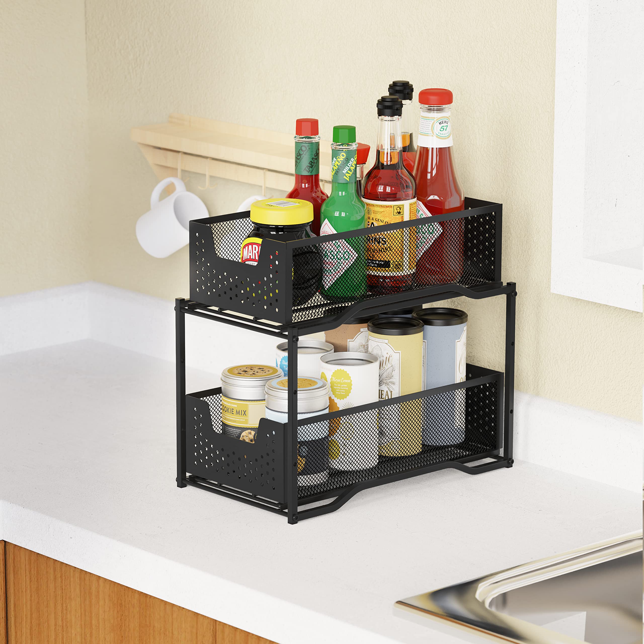 Simple Trending 2 Pack Stackable 2 Tier Under Sink Cabinet Organizer with Sliding Storage Drawer, Black