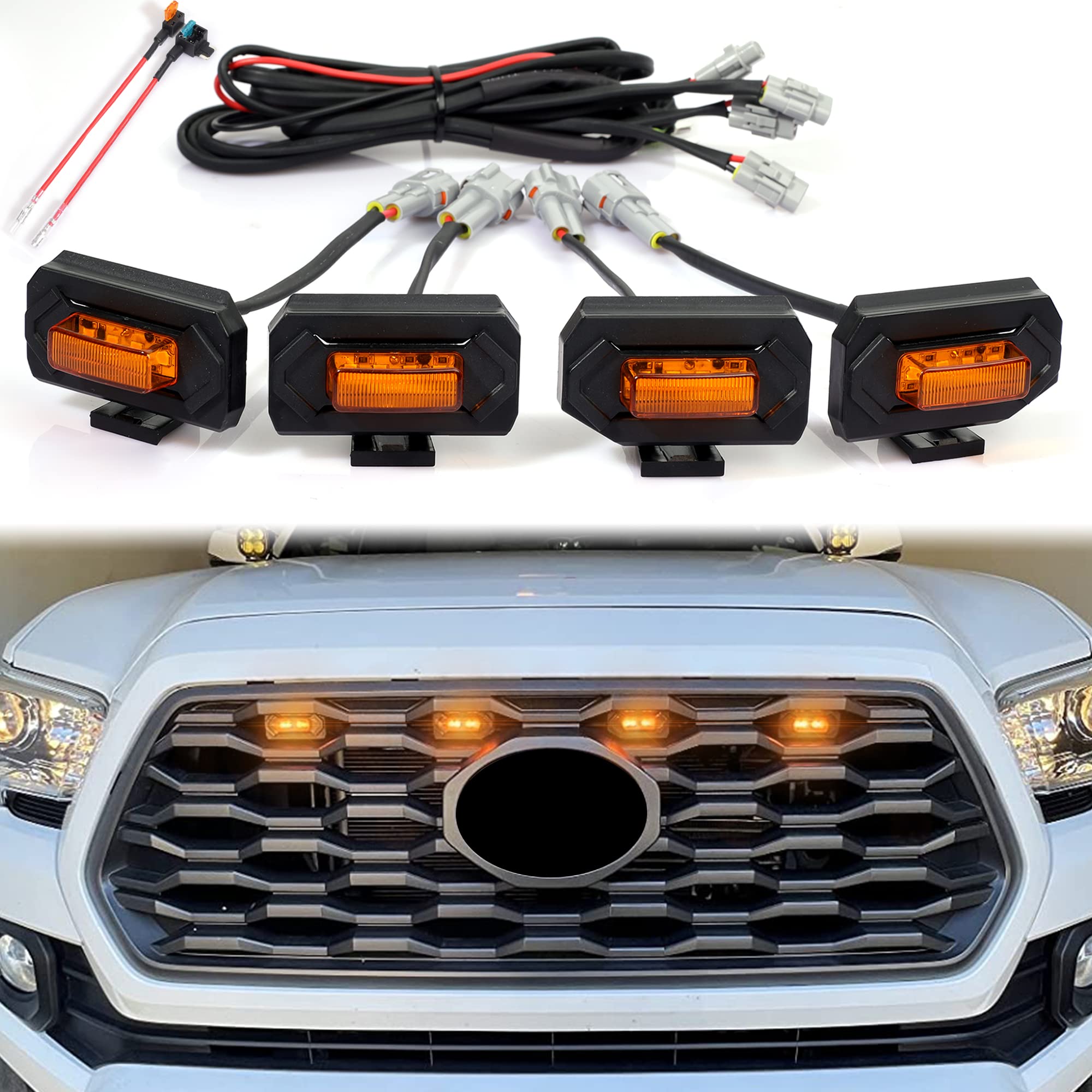 Upgraded Seven Sparta Grill LED Lights 4 PCS Compatible with Toyota Tacoma 2020-2023 OEM of Off Road & Sport/Aftermarket Replacement Grille Light Two Fuse for Car