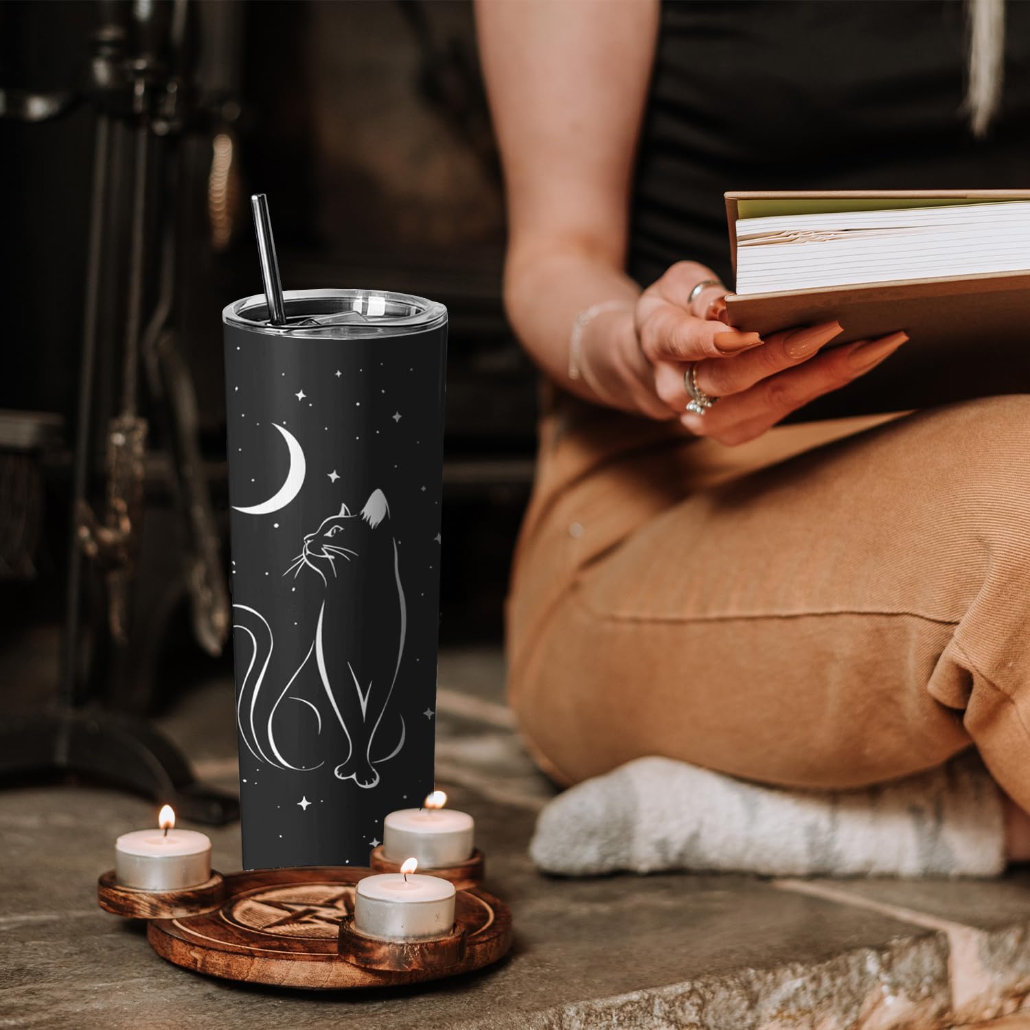 Cat Tumbler,Goth Tumbler,Halloween Gifts for Women,Cat Mug,Black Cat Mug,Cute Cat Stuff,Witchy Gifts for Women,Black Cat Gifts,Goth Gifts,Cat Cup,Cat Coffee Mug-20 OZ Black Tumbler with Straw and Lid