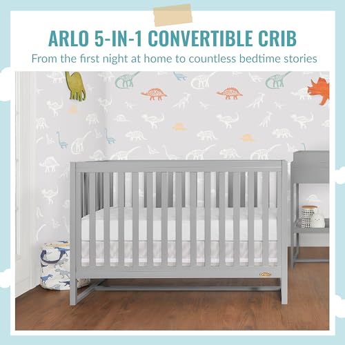 Dream On Me Arlo 5-in-1 Convertible Crib in Pebble Grey, JPMA Certified, 3 Mattress Height Settings, Non-Toxic Finish, Made of Sustainable and Sturdy Pinewood