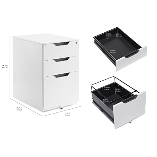 Amazon Basics 3 Drawer Mobile File Cabinet With Lock, White, 20.71" D x 15.51" W x 24.29" H