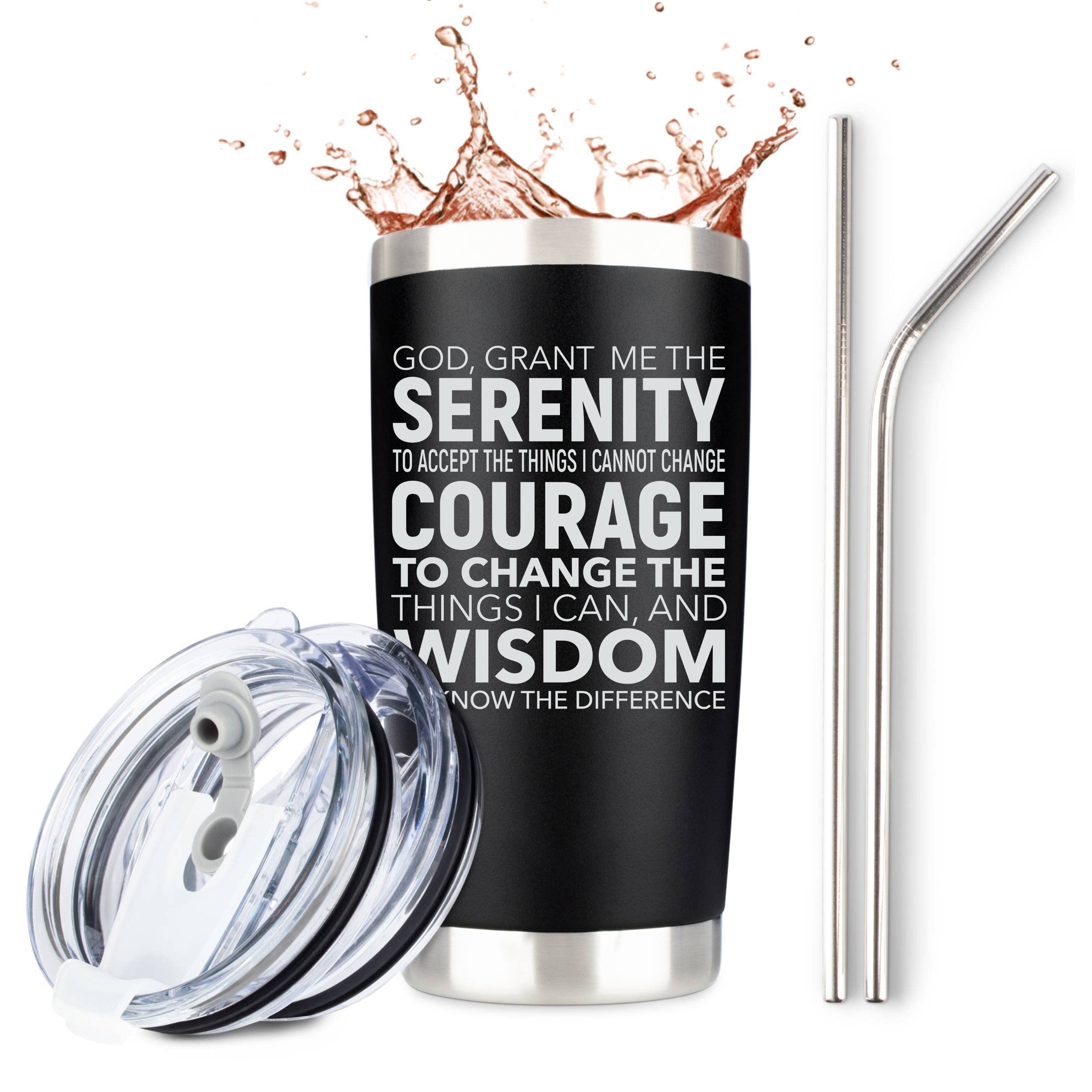 JENVIO Serenity Prayer Gifts | Stainless Steel Travel Tumbler Mug w/Lid and 2 Straws | Courage Wisdom Unique Coffee Sober AA Sobriety Gifts for Recovery Alcoholics Anonymous Valentine's Day