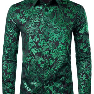 ZEROYAA Men's Luxury Prom Design Slim Fit Long Sleeve Button up Party Dress Shirts ZZCL48 Emerald Large