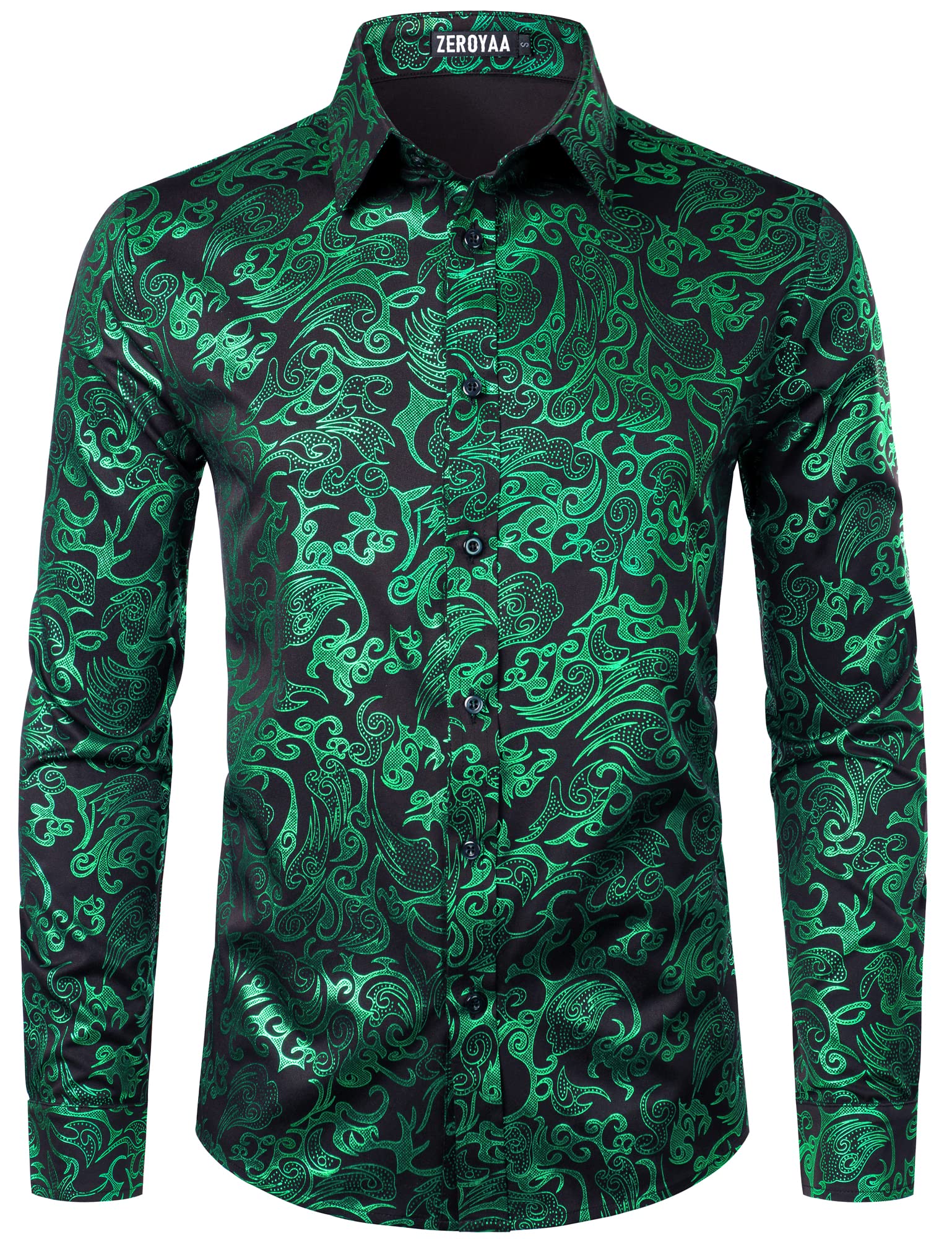 ZEROYAA Men's Luxury Prom Design Slim Fit Long Sleeve Button up Party Dress Shirts ZZCL48 Emerald Large