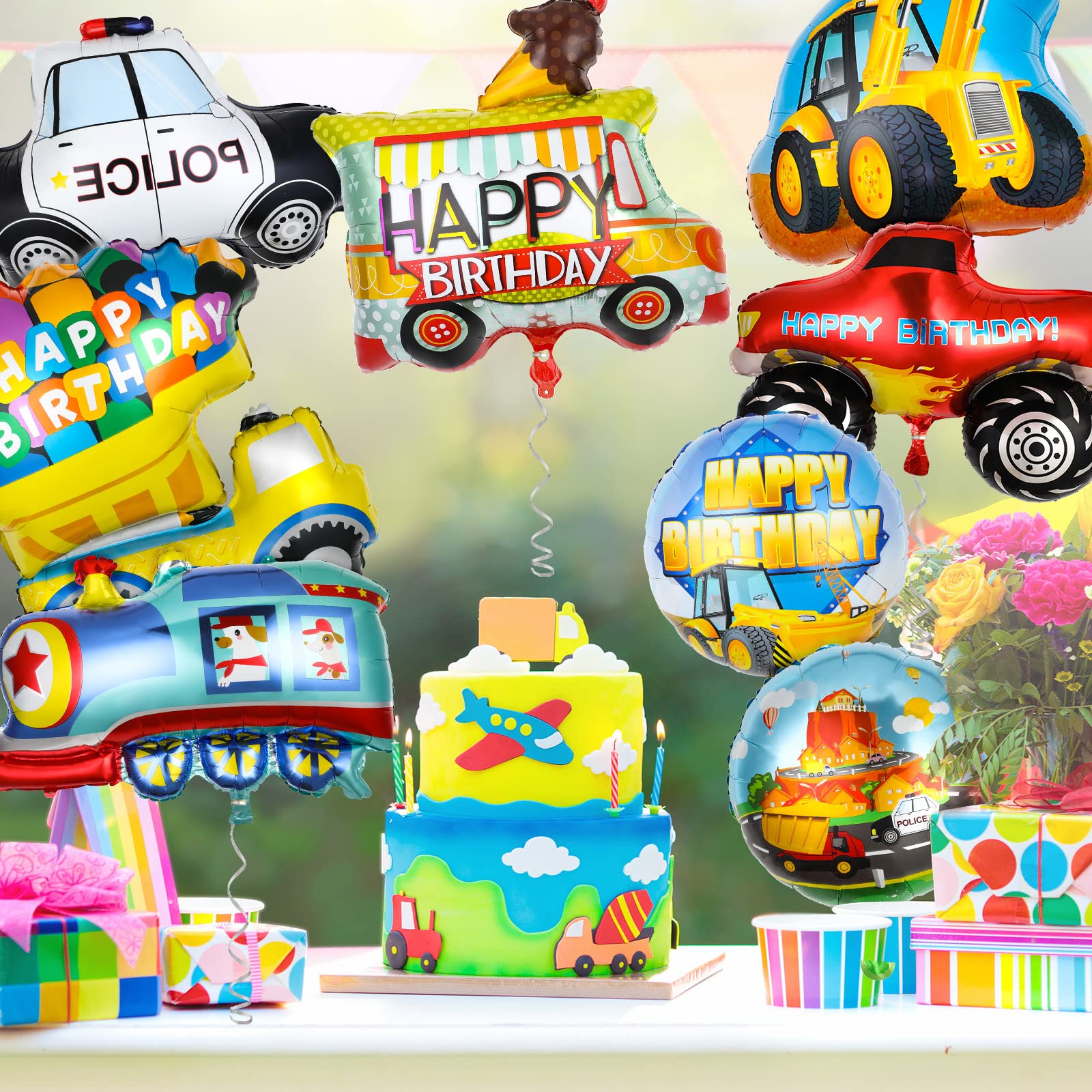 10 Pieces Transportation Birthday Party Decoration for Boys Car Balloons Ice Cream Cart School Bus Fire Truck Train Police Bulldozer Pickup Truck Truck Oval Balloons Foil Balloons