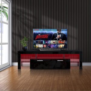 ADDJY Black TV Stands with LED Lights High Gloss TV Entertainment Center for 70 Inch TV with 2 Flip Down Drawers and Open Shelves, Modern Console Media Table Storage Desk for Up to 70 Inch TV