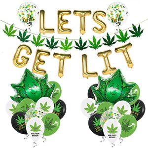 cymylar 47pcs 'lets get lit' party decorations for adults, weed set includes latex marijuana balloons, weed shape foil balloons and banner, green confetti balloons, for cannabis birthday-themed party