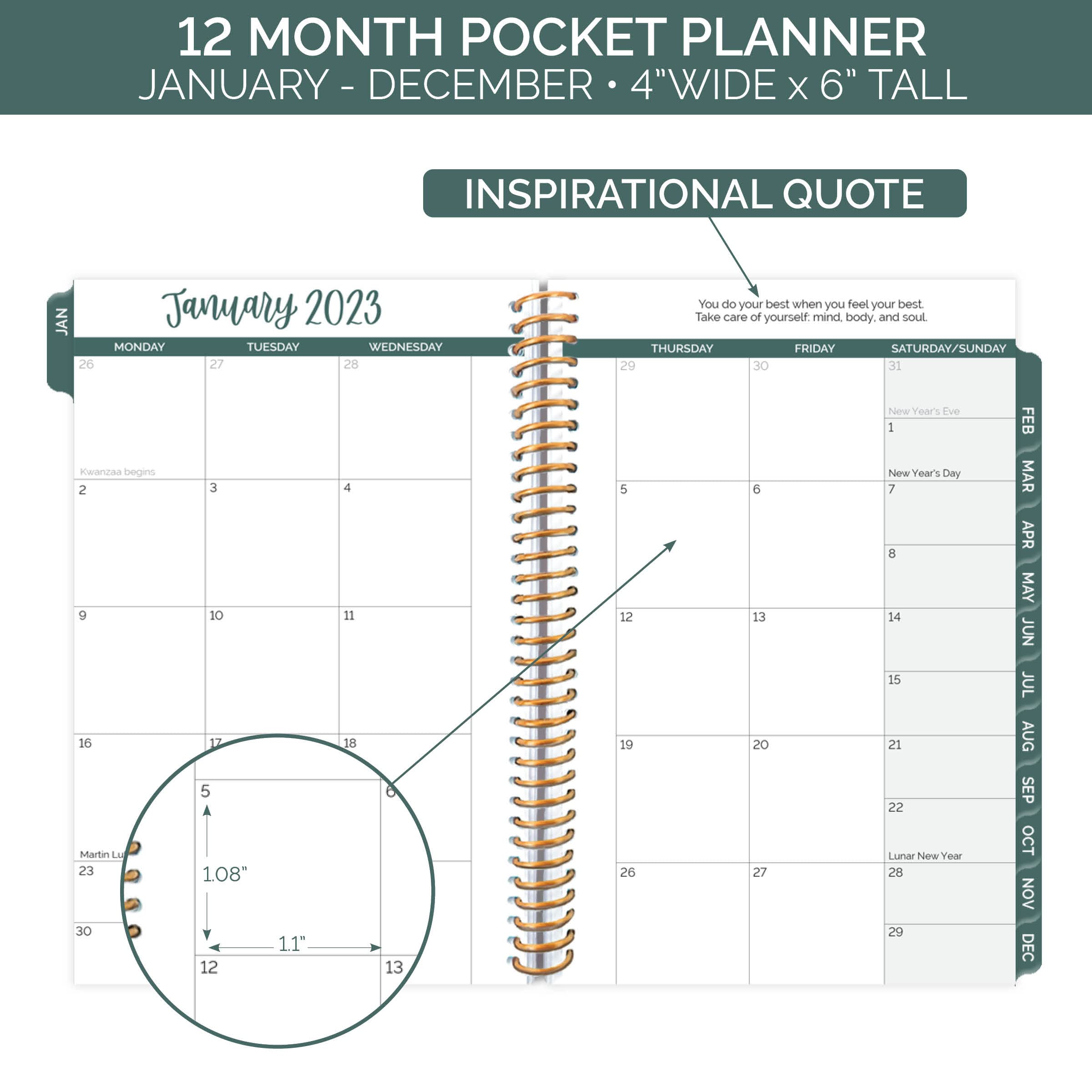 bloom daily planners 2023 Pocket Planner - 4” x 6” - (January 2023 - December 2023) - MINI Weekly/Monthly Agenda Organizer & Calendar Book - Green Modern Abstract