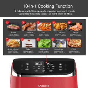 Sakuchi Air Fryer Large 5.8 Quart 10-in-1 Digital Air Fryer Oven Cooker with 10 Preset Cooking Programs, LED Touch Screen, Non-Stick Tray Basket, Pot Dishwasher Safe, 1500W (Red)