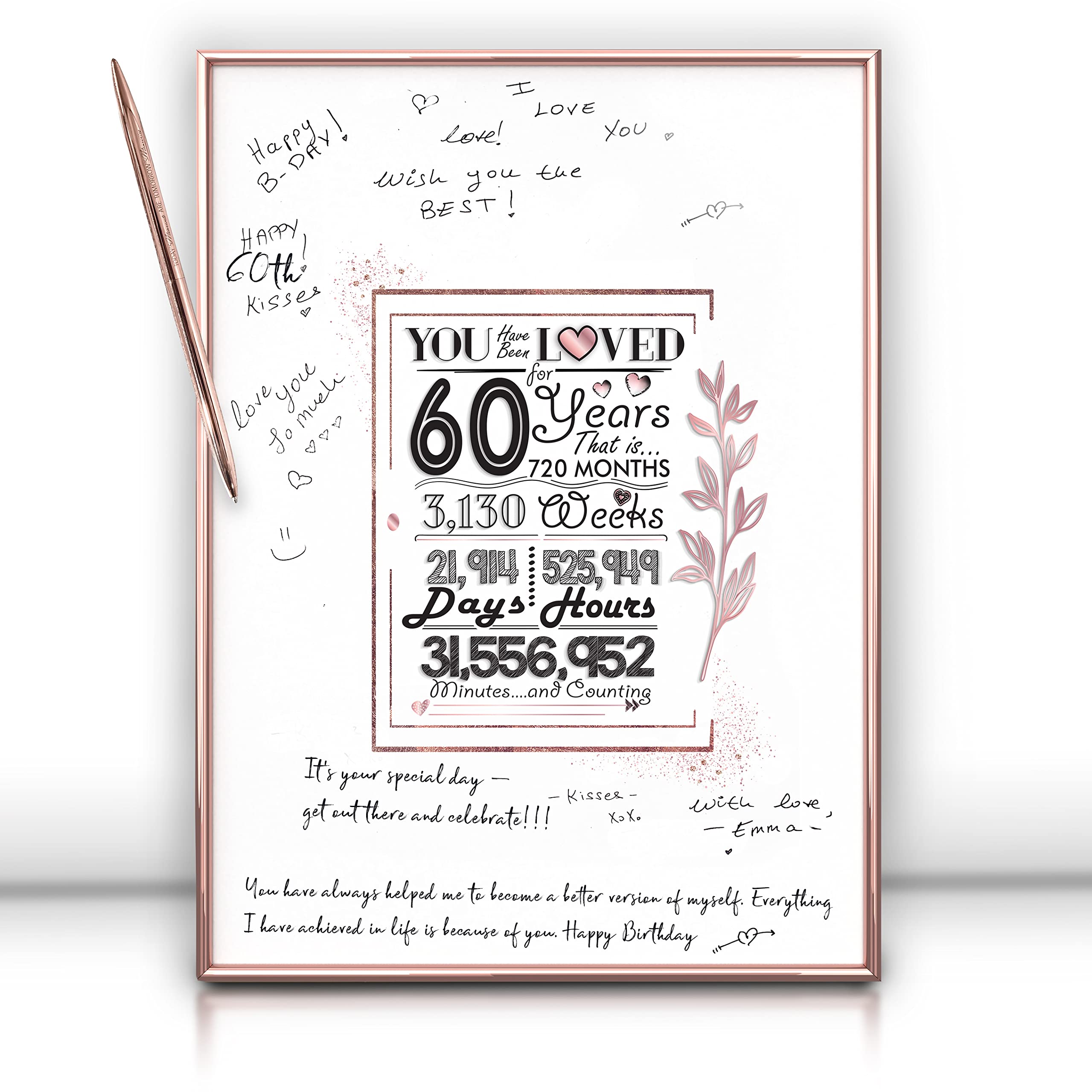 Framed Rose Gold 60th Birthday Decorations Sign Poster for Girl - 60 Birthday Gift 12"x16" Guest Party Favors Book Alternative – With Pen & Wall Hanger – Great 60 Years Old Gifts for Womens