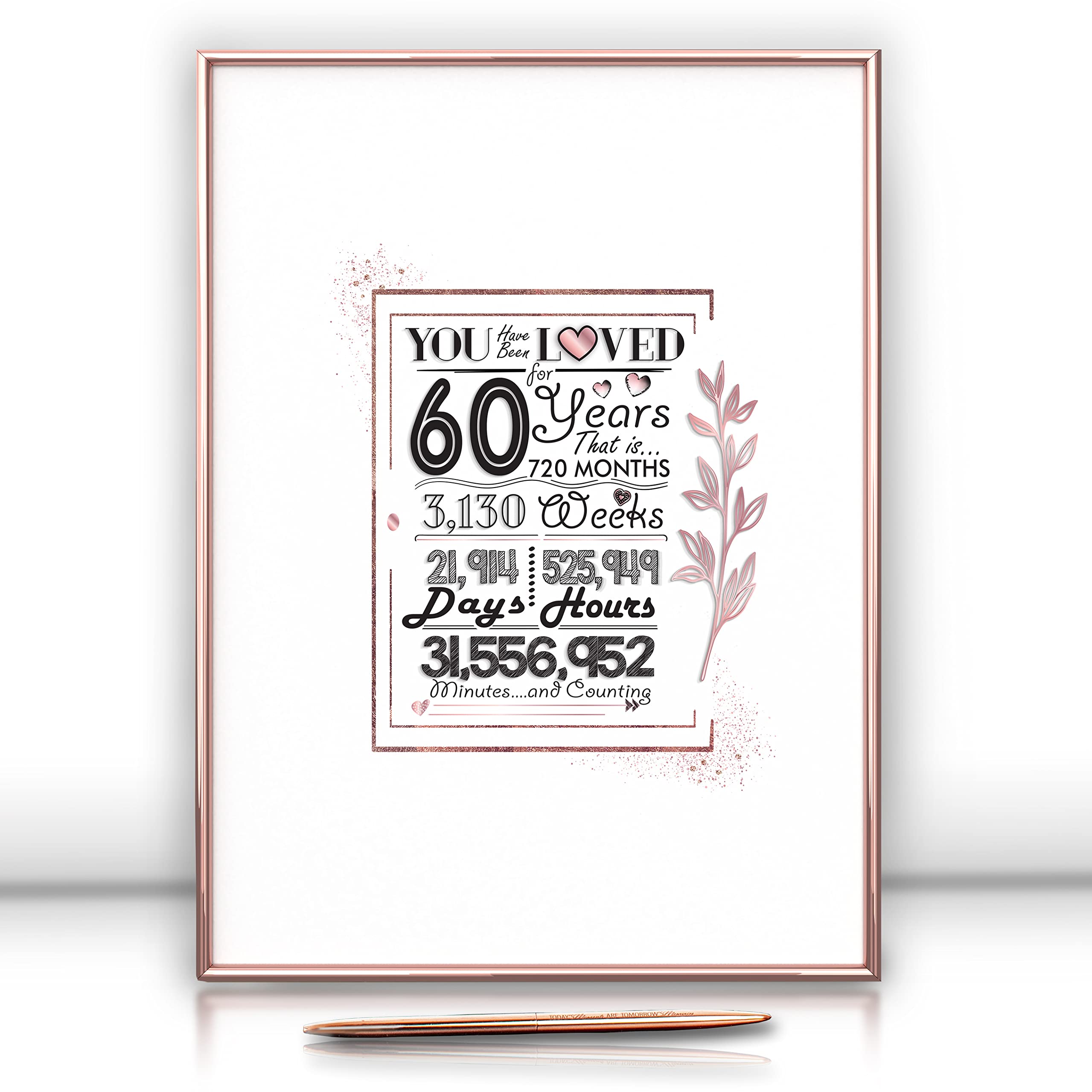 Framed Rose Gold 60th Birthday Decorations Sign Poster for Girl - 60 Birthday Gift 12"x16" Guest Party Favors Book Alternative – With Pen & Wall Hanger – Great 60 Years Old Gifts for Womens