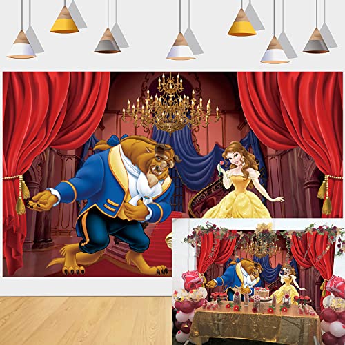 Beauty and The Beast Backdrop Palace Golden Chandelier Red Curtain Photography Background Princess Girl Baby Shower Birthday Party Studio Photo Decoration Props 5x3FT