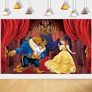 Beauty and The Beast Backdrop Palace Golden Chandelier Red Curtain Photography Background Princess Girl Baby Shower Birthday Party Studio Photo Decoration Props 5x3FT