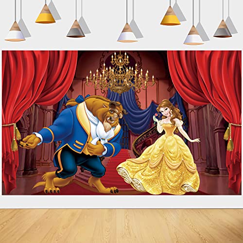 Beauty and The Beast Backdrop Palace Golden Chandelier Red Curtain Photography Background Princess Girl Baby Shower Birthday Party Studio Photo Decoration Props 5x3FT