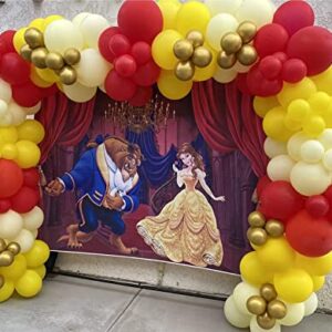 Beauty and The Beast Backdrop Palace Golden Chandelier Red Curtain Photography Background Princess Girl Baby Shower Birthday Party Studio Photo Decoration Props 5x3FT