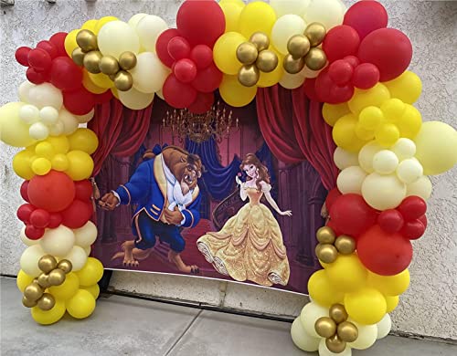 Beauty and The Beast Backdrop Palace Golden Chandelier Red Curtain Photography Background Princess Girl Baby Shower Birthday Party Studio Photo Decoration Props 5x3FT