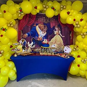 Beauty and The Beast Backdrop Palace Golden Chandelier Red Curtain Photography Background Princess Girl Baby Shower Birthday Party Studio Photo Decoration Props 5x3FT