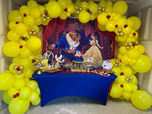 Beauty and The Beast Backdrop Palace Golden Chandelier Red Curtain Photography Background Princess Girl Baby Shower Birthday Party Studio Photo Decoration Props 5x3FT