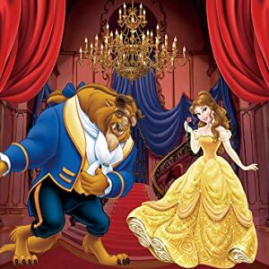 Beauty and The Beast Backdrop Palace Golden Chandelier Red Curtain Photography Background Princess Girl Baby Shower Birthday Party Studio Photo Decoration Props 5x3FT